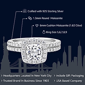 Gem Stone King 925 Sterling Silver Moissanite Women Wedding Engagement Ring Band Bridal Set (1.62 Cttw, Available in size 5, 6, 7, 8, 9)