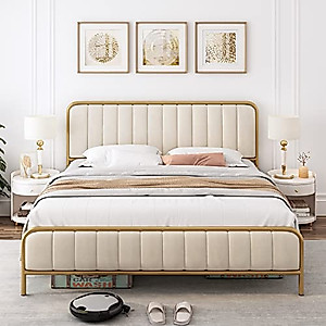 HITHOS King Size Bed Frame, Upholstered Bed Frame with Button Tufted Headboard, Heavy Duty Metal Mattress Foundation with Wooden Slats, Easy Assembly, No Box Spring Needed (Golden/Off White, King)