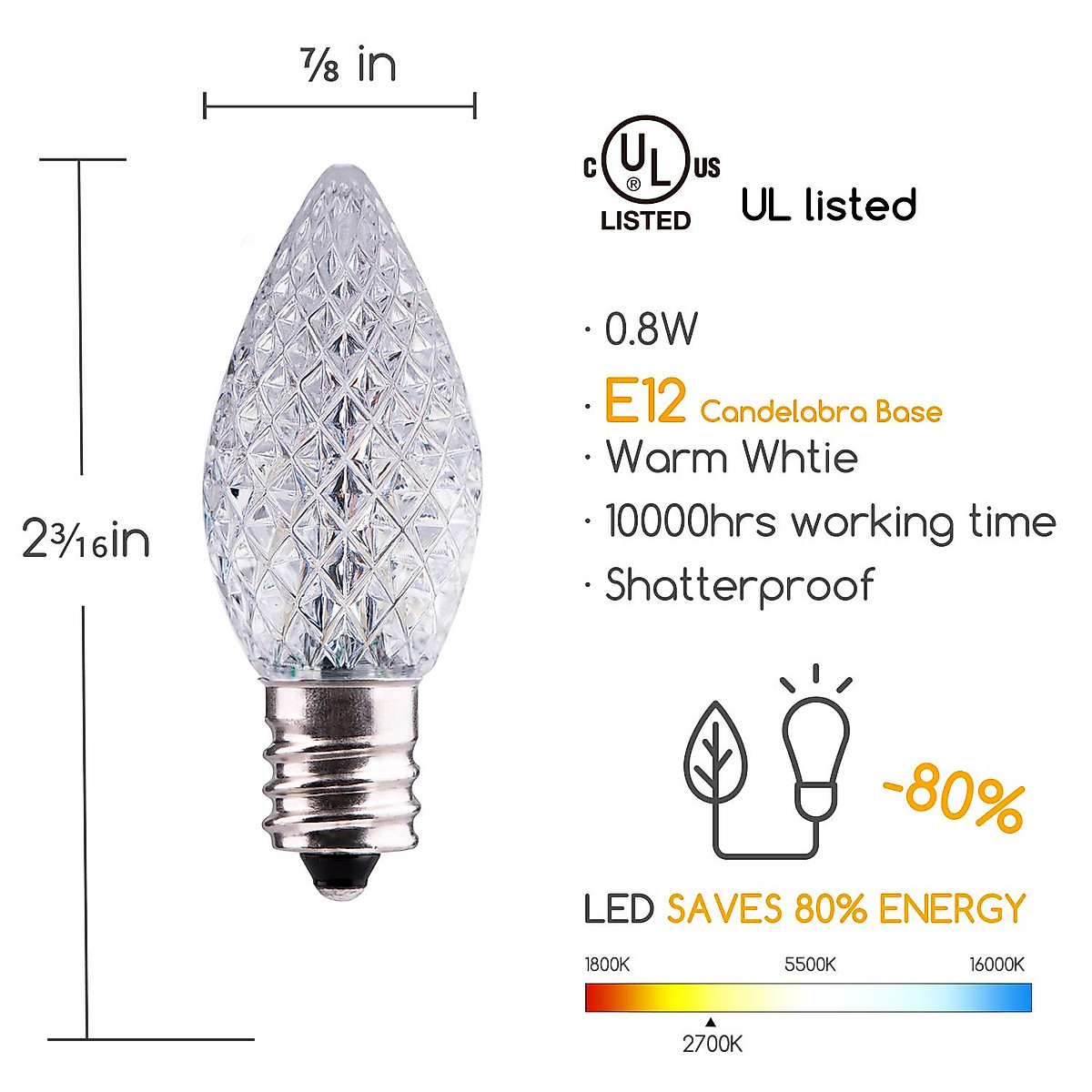 25 Pack C7 Led Replacement Christmas Light Bulb, C7 Shatterproof Led Bulbs for Christmas String Lights, E12 Candelabra Base, Commercial Grade Dimmable Holiday Bulbs, Warm White
