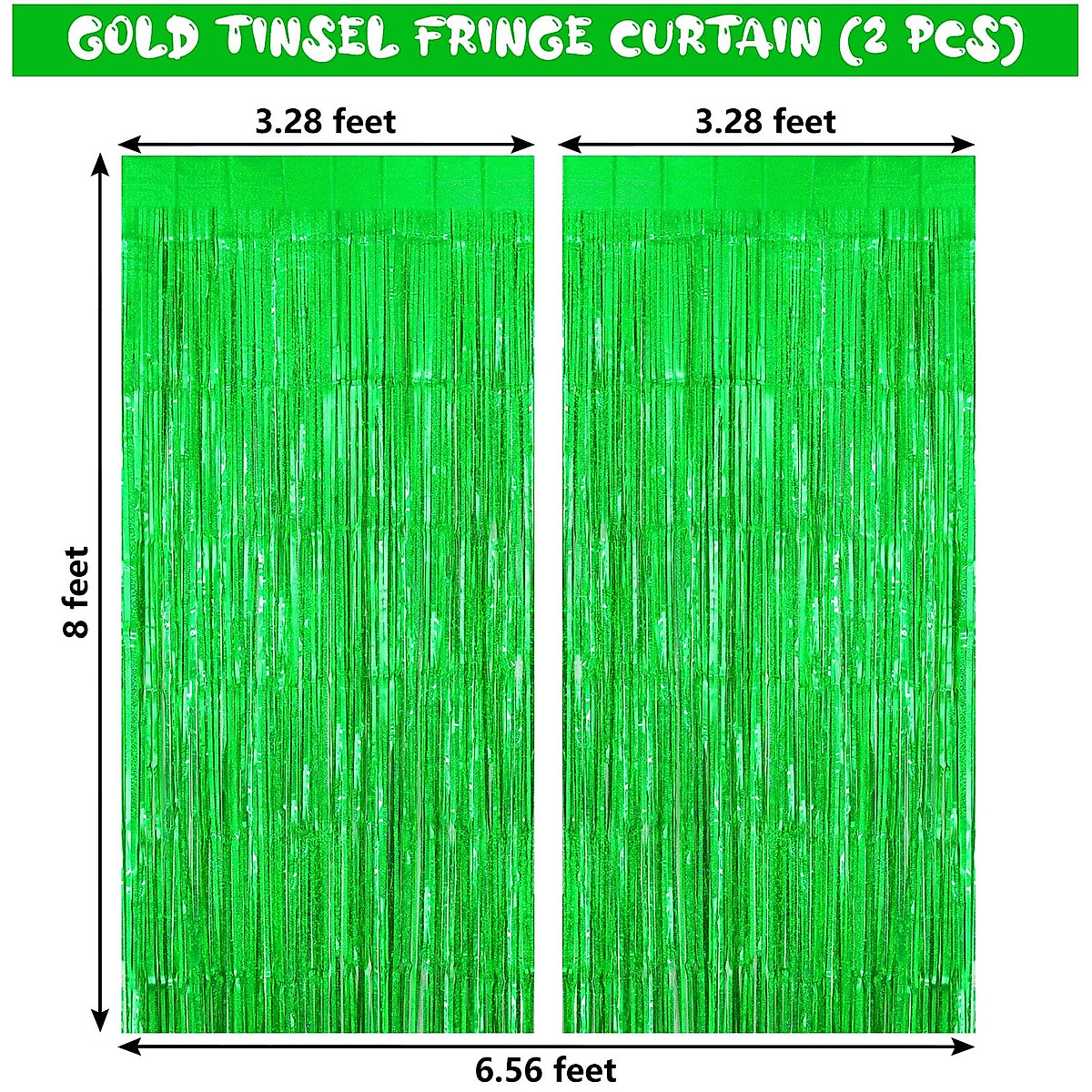 Green Tinsel Foil Fringe Curtain Backdrop, 3.3 x 8.2 ft Metallic Glitter Curtain Streamers, 2 Pack Green Photoboth for Birthday St Patrick's Day Christmas Party Decorations