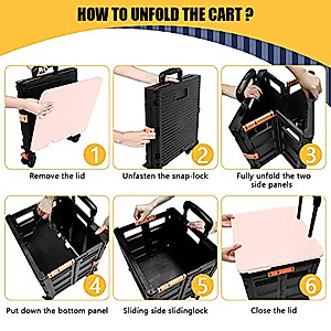 SELORSS Foldable Utility Cart Rolling Crate Handcart 110lbs Large Capacity Shopping Cart with 360°Rotate Noiseless Wheels & Telescoping Handle for Transports Groceries Office School Use（Pink）