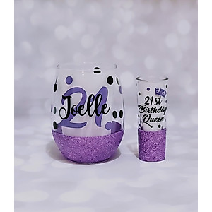 Glitter Birthday Wine Glass, Glitter Birthday Shot Glass, Age + Name (Wine + Shot)