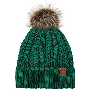 C.C Exclusives Fuzzy Lined Knit Fur Pom Beanie Hat (YJ-820) (Sea Green)