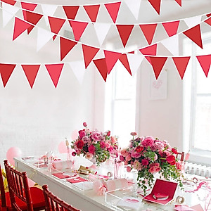 32Ft Red Pennant Banner Fabric Triangle Flag Bunting Garland Streamers for Wedding Engagement Bridal Shower Anniversary Bachelorette Birthday Party Home Outdoor Garden Hanging Festivals Decoration