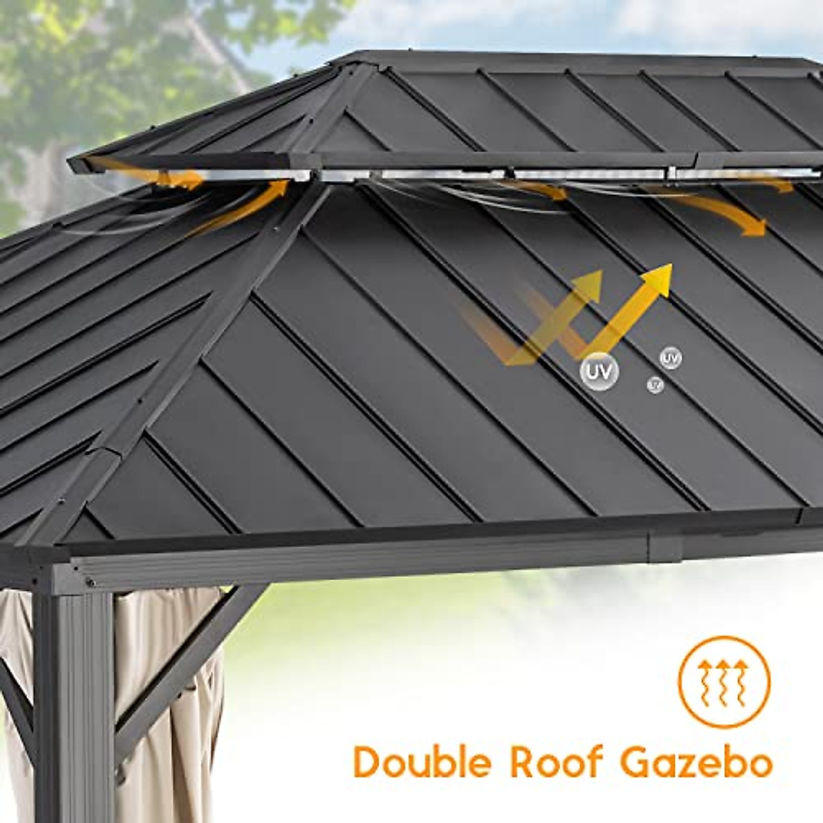 Warmally 12' x 16' Hardtop Gazebo, Outdoor Permanent Gazebo with Galvanized Steel Double Roof Canopy, Aluminum Frame Pavilion with Netting and Curtains for Patio, Deck, Backyard, Lawn and Gardens