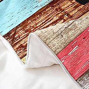 100% Cotton Happy Camping Duvet Cover Queen RV Camper Trailer Bedding Set for Boys Girls Bedroom Farmhouse Style Wooden Stripes Comforter Cover Red Blue Soft Breathable Quilt Cover