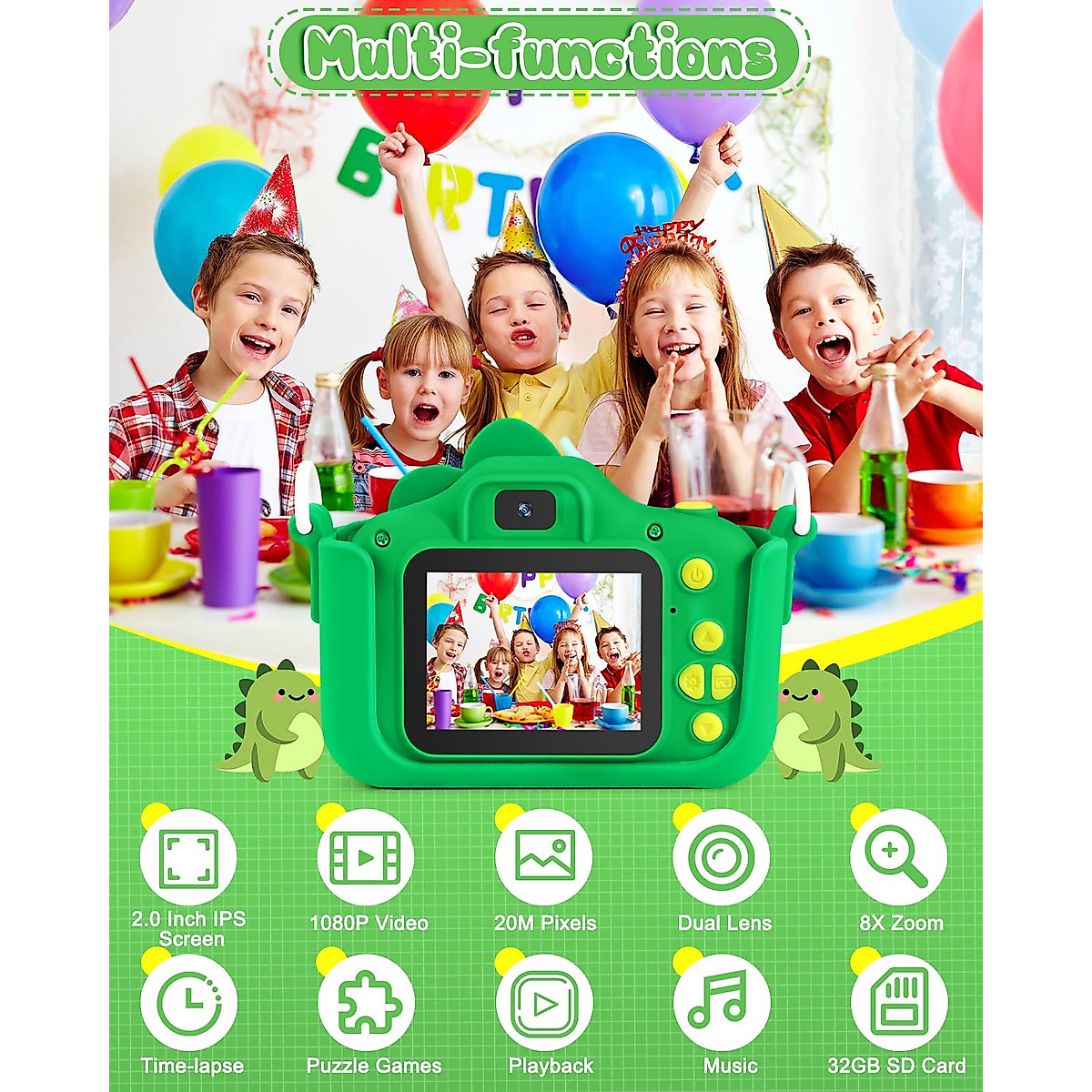 Texpot Dinosaur Kids Camera, 1080P HD Digital Camera for Kids Boys Girls 3-12 Toddler Camera, Selfie Camera for 6 7 8 9 10 11 12 Year Old Christmas Birthday Festival Gifts Toy Camera with 32GB SD Card