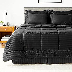 Elegance Linen Wrinkle Resistant - Luxury Silky Soft Dobby Stripe Bed-in-a-Bag 8-Piece Comforter Set - Full/Queen, Black