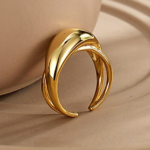 THJEW Womens Open Adjust Chunky Dome Geometric Ring,Adjustable 14K Yellow Gold Statement Ring Jewelry for Women (Ring_B, Adjustable)