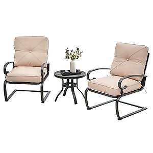 Oakcloud Outdoor Bistro Set 3-Piece Spring Metal Lounge Cushioned Chairs and Bistro Table Set Wrought Iron Cafe Furniture Seat, Brown
