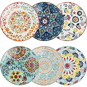 getstar 10.5” Ceramic Dinner Plates with Underglaze Assorted Patterns, Set of 6, Microwave & Dishwasher Safe, Colorful Porcelain Salad Pasta Dinner Plates Set of 6
