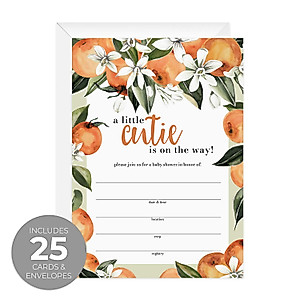 Little Cutie Baby Shower Invites / 25 Baby Shower Invitation Cards With White Envelopes / 5" x 7" Citrus Clementine Fruit New Baby Party Invitations/Fill In Gender Neutral Invite Cards