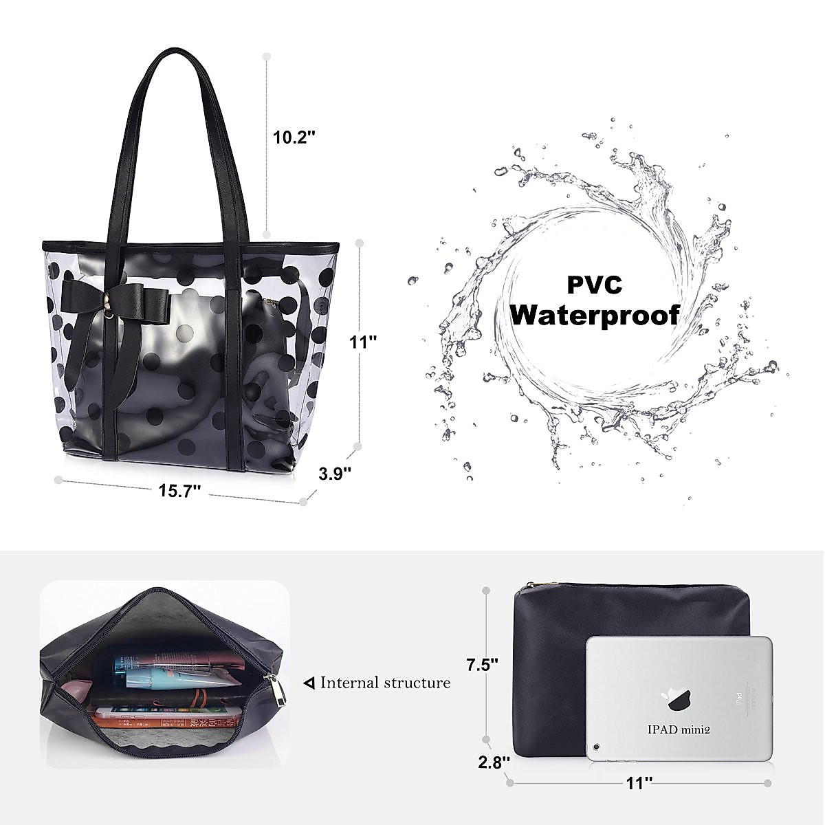 AIBILIEI ABLE Women's Clear Tote Bags Multi-Use Shoulder bag Handbag Beach bag Shopping Bag (Black)