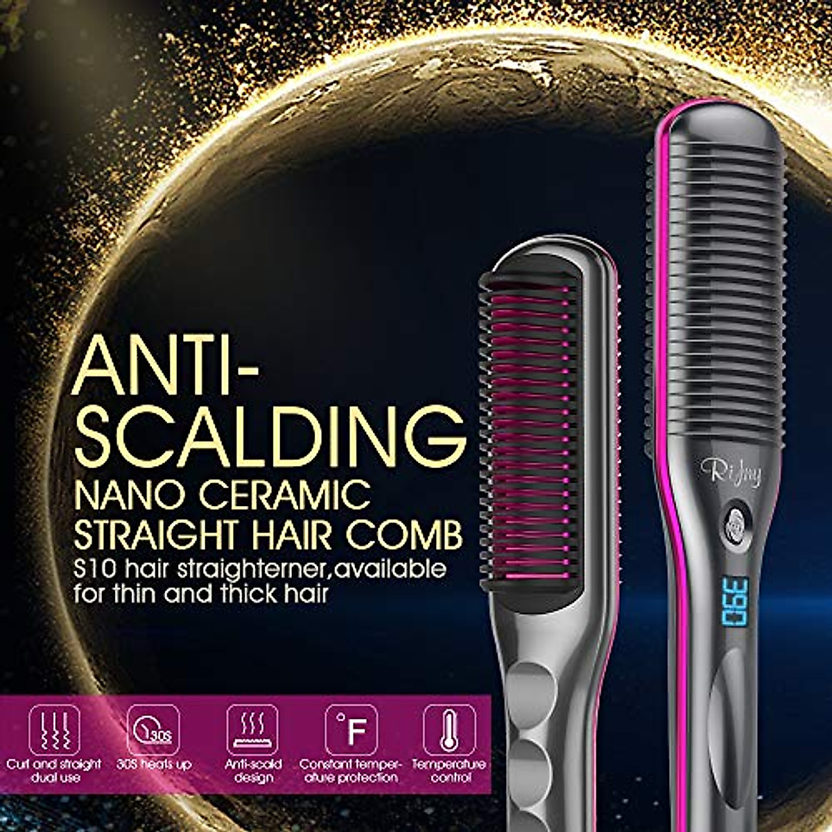 Hair Straightener Brush, RIFNY Hair Straightening Comb with Anti Scald Auto Temperature Lock 3 Heat Levels, 30S Fast Ceramic Heating Straightening Brush for Home, Travel and Salon (S10)