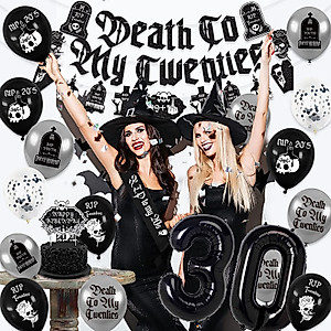 ADLKGG 30th Birthday Decorations for Women or Men, Death to My 20s Decorations with Death to My Twenties Banner, Rip to My 20s Sash, Cake Toppers for Funny Thirty Birthday Party Supplies (Black)