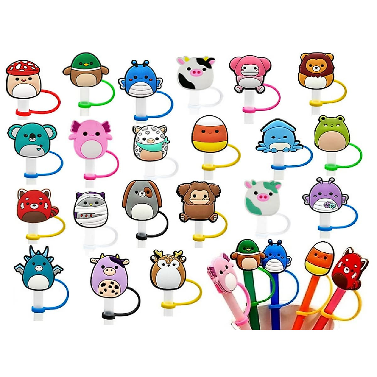 21 Pcs Silicone Straw Topper Party Straw Tips Birthday Party Straw Cap Cover Cartoon Anime Straw Cover Rubber Tips for Straws Cow Reusable Drinking Straw Tips Lids for Kids Party Supplies Party Favor