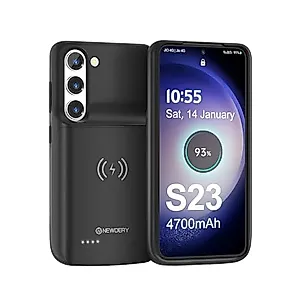 NEWDERY Galaxy S23 Battery Case, Qi Wireless Charging, Fast Charging, Sync Data Supported, 4700mAh Ultra Slim Portable Rechargeble Charger Case for Samsung S23 6.1"(2023 Newest) Black