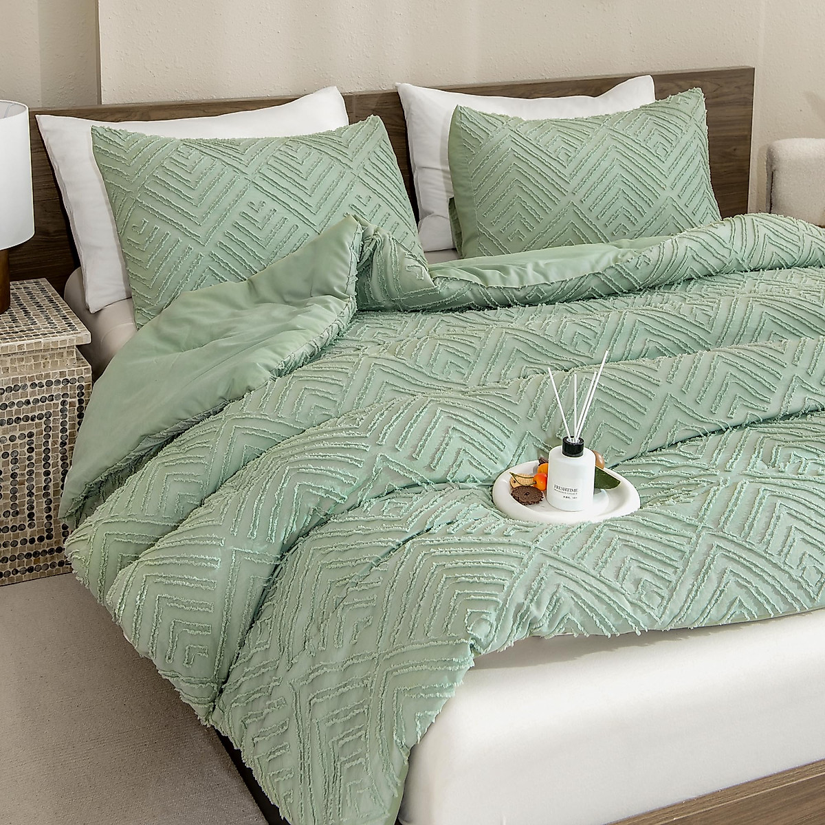 Andency Full Comforter Sets Sage Green, Boho Lightweight and Fluffy Bedding Set for Full Bed, 3 Pieces Tufted Farmhouse Design for All Seasons (79x90Inches, 1 Comforter and 2 Pillow Shams)