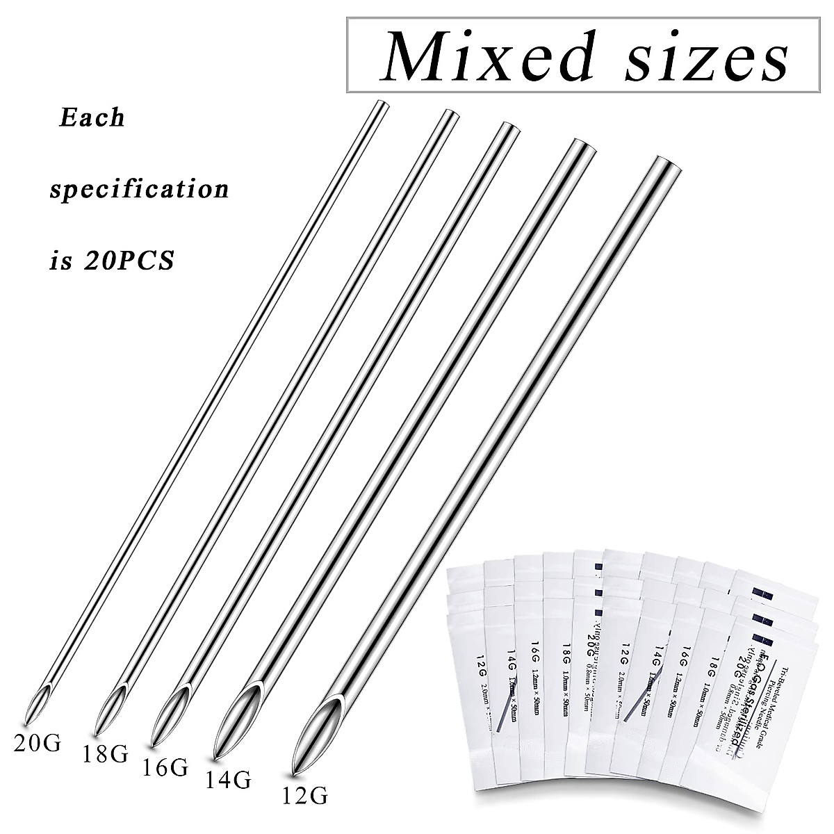 Honoson 100 Pcs Ear Nose Body Piercing Needles Mix Size 12G 14G 16G 18G 20G Stainless Steel Piercing Jewelry Kit and 1 Pcs Slotted Locking Pennington Forceps for Kit Supplies