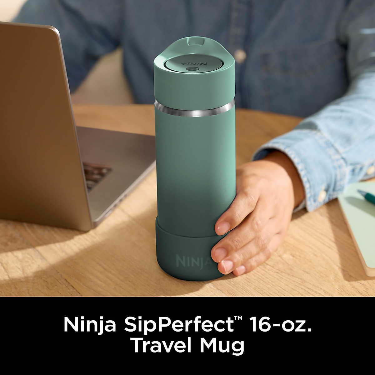 Ninja, Travel Mug, Sip Perfect 16oz, Brings Hot Drinks to Sippable Temperature in Minutes, Stainless Steel, Leak Proof, Dishwasher Safe, Metal Insulated Tumbler, Green, DW1603GN