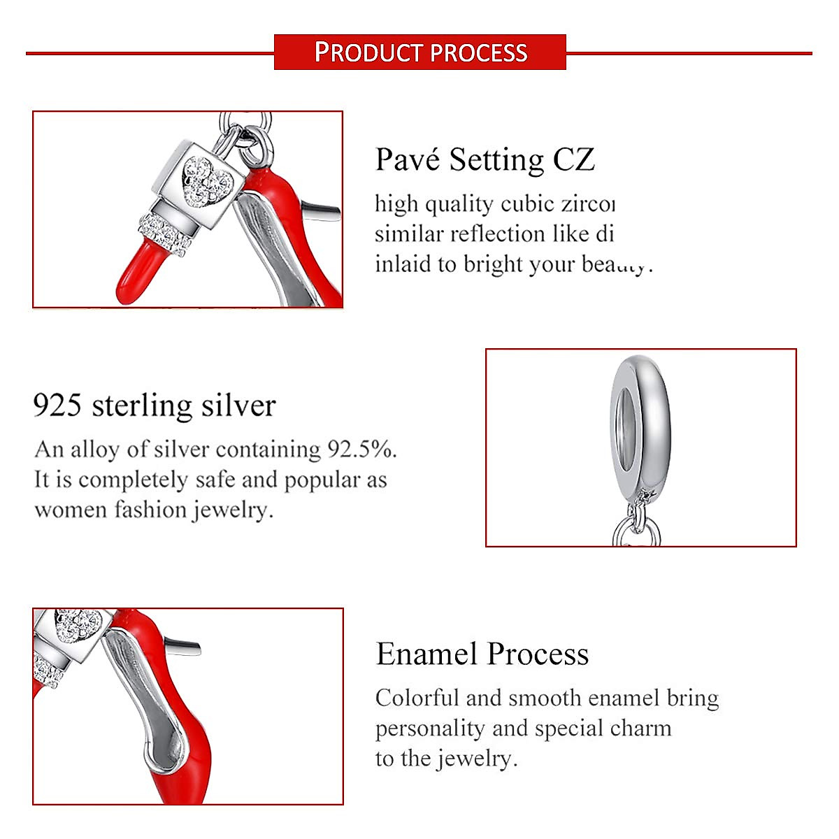 FOREVER QUEEN Red High Heels & Lipstick Charm fit Charms Bracelet 925 Sterling Silver Dangle Charm with Gift Box