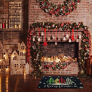 OUXIOAZ Buffalo Plaid Christmas Tree Black Merry Christmas Doormat 17"x30",Seasonal Xmas Door Mat Non-Slip Washable Low-Profile Winter Holiday Doormat for Indoor Outdoor