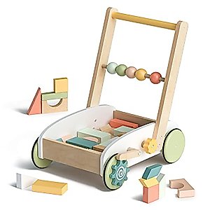 ROBUD Wooden Baby Push Walker, Baby Learning Walking Toys, 1st Birthday 1 2 3 Year Old Boys Girls Gifts, with Wooden Building Block