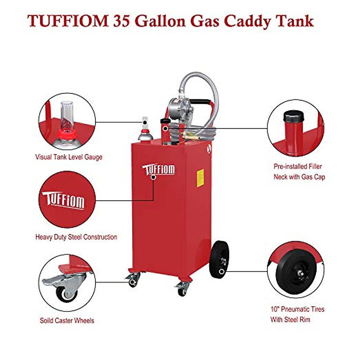 TUFFIOM 35 Gallon Portable Gas Caddy w/ Wheels & 11.9ft Hose, Fuel Transfer Storage Tank Gasoline Diesel Can Reversible Rotary Hand Siphon Pump, for ATV Car Mowers Tractor Boat Motorcycle(Red)