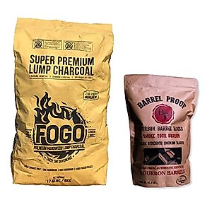 FOGO Super Premium Hardwood Lump Charcoal, Natural Large Sized Lump Charcoal, 17.6 Pound Bag and FOGO Barrel Proof Bourbon Barrel Blocks, 2 Pound Resealable Bag, Bundle