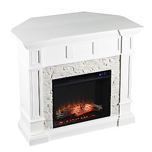 SEI Furniture Merrimack Faux Stone Corner Convertible Electric Fireplace, New Fresh White