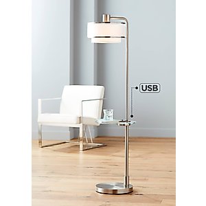 Possini Euro Design Vogue Modern Floor Lamp with Table Tempered Glass 60" Tall Brushed Nickel White Linen Silver Organza Double Drum Shade USB Charging Port for Living Room Reading House Bedroom