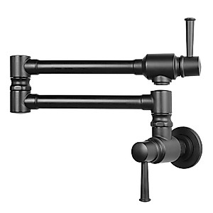 CWM Matte Black Pot Filler Faucet,Pot Filler Black Folding Faucet,Commercial Wall Mount Stainless Steel Material Stretchable Double Joint Swing Arm with Single Hole Two Handles.