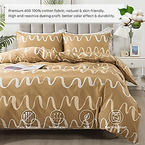 Lemfux 100% Cotton Geometric Pattern Light Brown Duvet Cover Set, Curve Print Modern Abstract Soft Comforter Cover Set with Metal Zippers, Luxury Neutral Designer Bedding Set, Full Size, 3Pcs