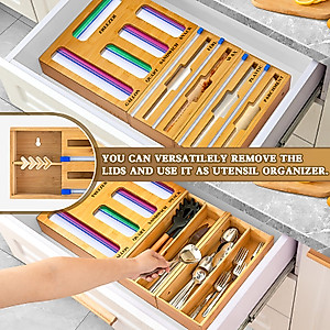 deeplin Storage Bag Organizer and Wrap Dispenser with Cutter, 9 IN 1 Bamboo Foil and Plastic Wrap Organizer for Kitchen Drawer, Plastic Bag Organizer for Gallon,Quart,Sandwich,Snack