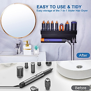 WAYASI Blow Dryer Holder Wall Mounted Hair Straightener Holder, Blow Dryer and Curling Iron Holder for 7 in 1 Styler Attachments, Black Hair Dryer Holder, Bathroom Hair Tools Organizer and storage