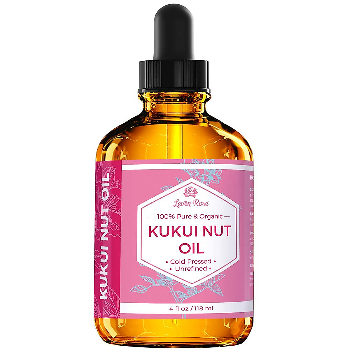 Leven Rose Kukui Nut Oil 4 oz – Cold-Pressed and Unrefined Hair & Face Moisturizer with Dropper – Unscented Pure Face Oil for Women and Men – Nourishing & Moisturizing for All Skin Types