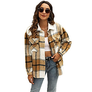 UANEO Womens Plaid Shacket Button Down Wool Blend Fall Flannel Shirt Jacket (Khaki-L)