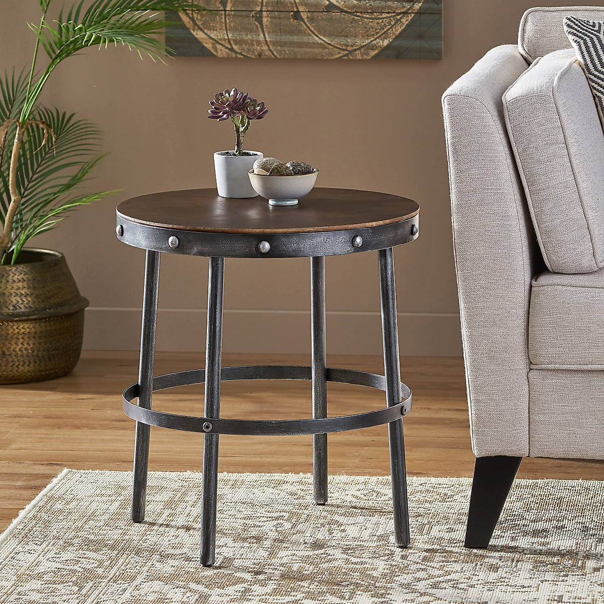 Christopher Knight Home Rivet Side Table, Anitique Gunmetal + Brown Wash