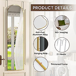 Antok Over The Door Mirror Full Length, 50"x16" Arched Top, Gold Frame, Modern Style, Shatterproof, Adjustable Height, Bedroom, Bathroom, Living Room