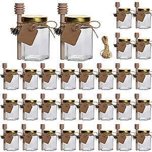 Woaiwo-q Hexagon Glass Jars, 4 oz 30 Pcs Hexagon Glass Honey Jars with Golden Lids,Wooden Honey Sticks,Bronzy Bee Pendants,Small Tags,1.5m Jute Twine -Glass Jars for Honey,Foods,Jam ..