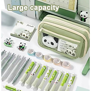 Cute Panda Pencil Case, Aesthetic Panda Bag Organizer with Compartment, Large Capacity Cute Pencil Case with Stickers Brooch Keychain, Pencil Pouch Stationery with Zipper (Green)