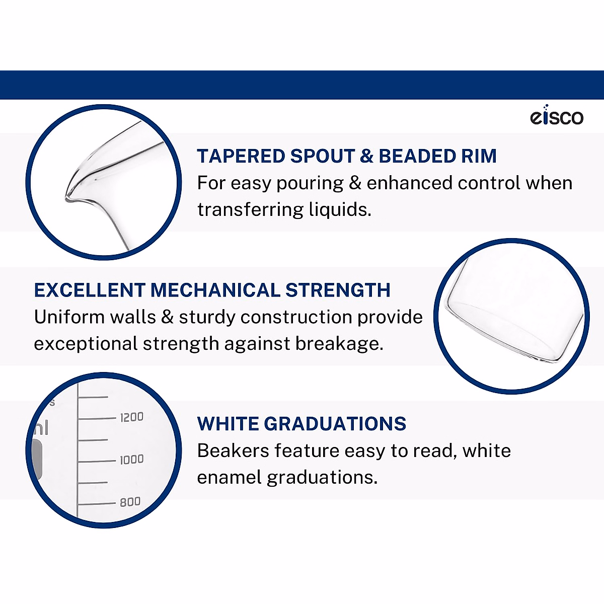 Beaker, 1000mL - Tall Form with Spout - White, 100mL Graduations - Borosilicate 3.3 Glass - Eisco Labs