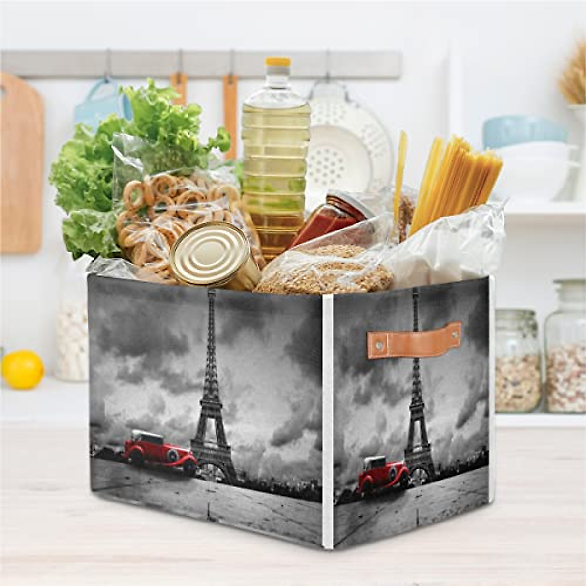 Large Collapsible Storage Bins ,Paris Eiffel Tower Car Decorative Canvas Fabric Storage Boxes Organizer with Handles，Rectangular Baskets Bin for Home Shelves Closet Nursery Gifts