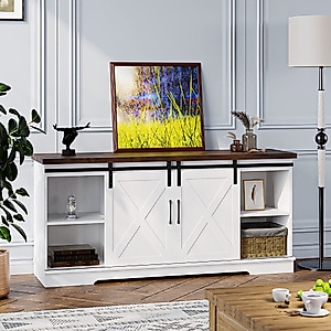 IDEALHOUSE Farmhouse TV Stand for 65 Inch TV, Entertainment Center with Storage and Sliding Barn Doors, Modern Media TV Console TV Stands for Living Room Bedroom (White)