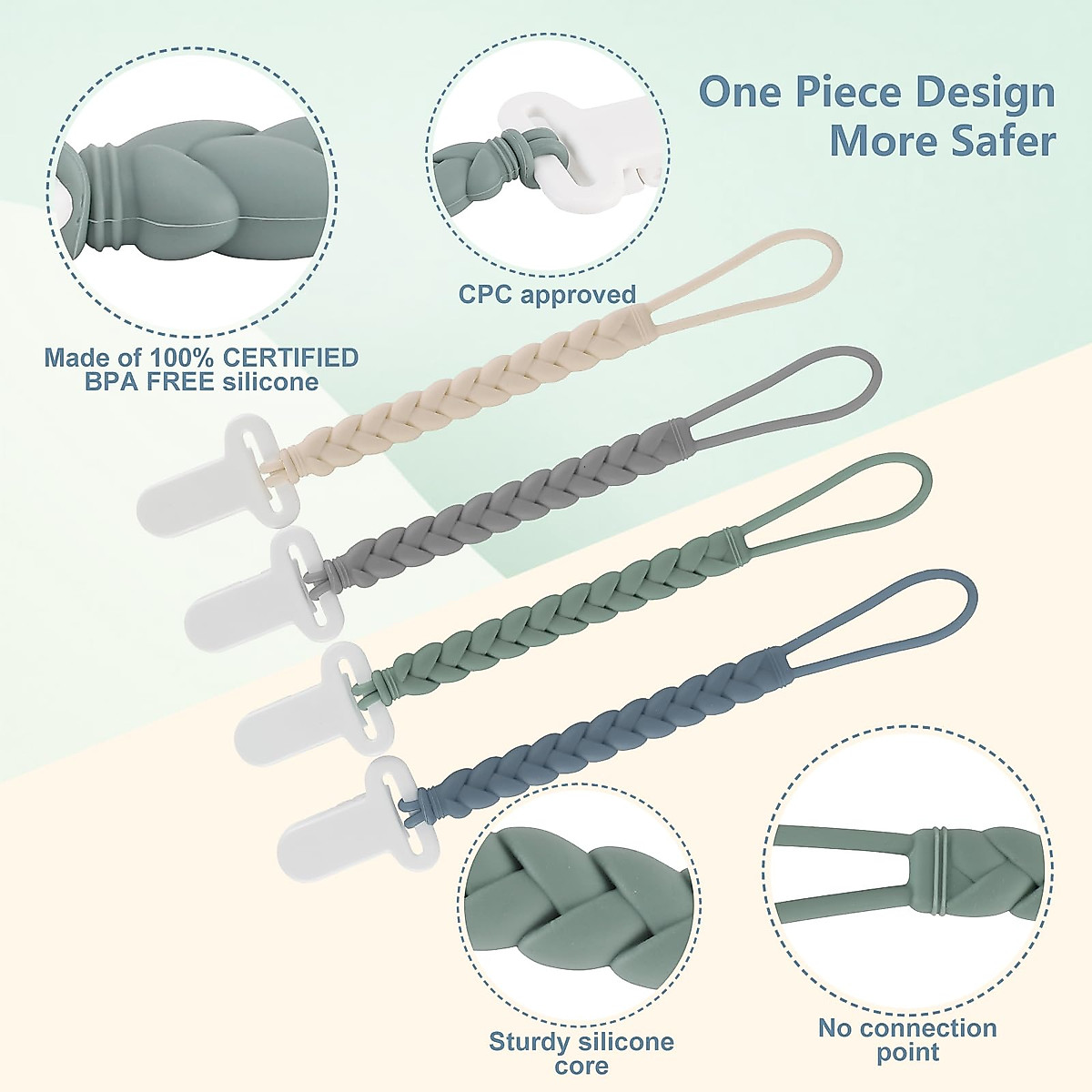 4-Pack Silicone Pacifier Clips with a Woven Rope Shape for Baby Boys and Girls - Flexible and Rust-Free Holders for Teething Relief and Baby Essentials, Safe for Newborns (Grey)