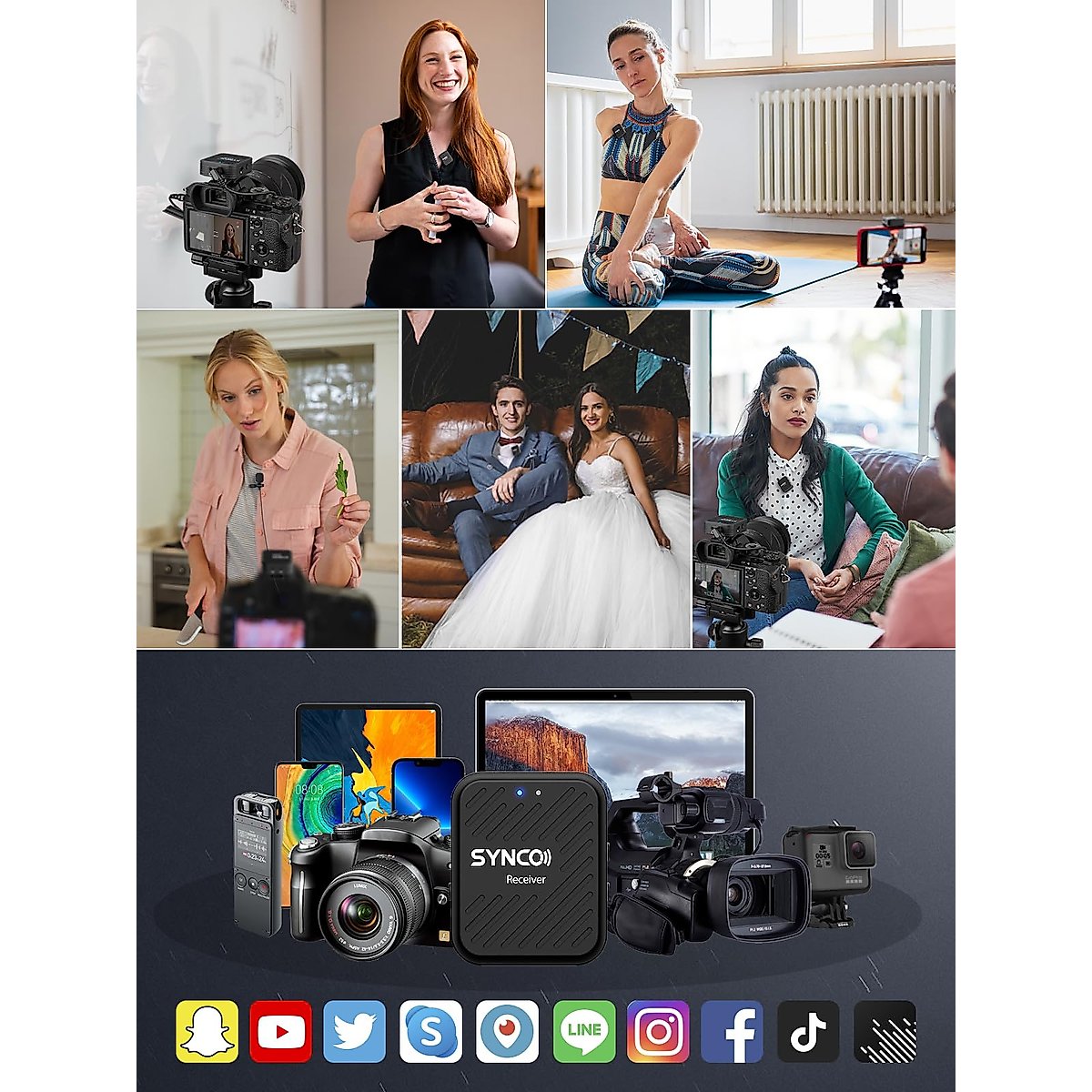 SYNCO Wireless Lavalier Microphones & System, G1(A2) 2.4G Dual Transmitter Lapel Mic 492FT 8H for YouTube Vlog Live Stream for Camera Smartphone Tablet, Wireless-Lavalier-Microphone-for-DSLR Camera