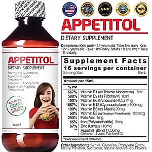 Appetitol Appetite-Weight Gain. Natural Appetite and Weight Gain Stimulant for Underweight Children Fortified with Vitamins B1,B2,B3,B5,B6,B12,Folic Acid , Iron, Zinc, Flax Seed Oil. ( 8 Fl Oz)