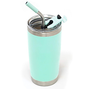 Spill Proof Tumbler Lid with Angled Stainless Steel Straw + Silicone Straw Tip + Straw Cleaning Brush for Yeti Rambler or Ozark Trail Tumblers (20oz, Seafoam)