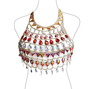 Aiosy Boho Body Chain Bra Gold Sexy Rhinestone Bikini Bra Body Halter Backless Sequins Chain Bra Beach Body Accessories Jewelry for Women (Red)