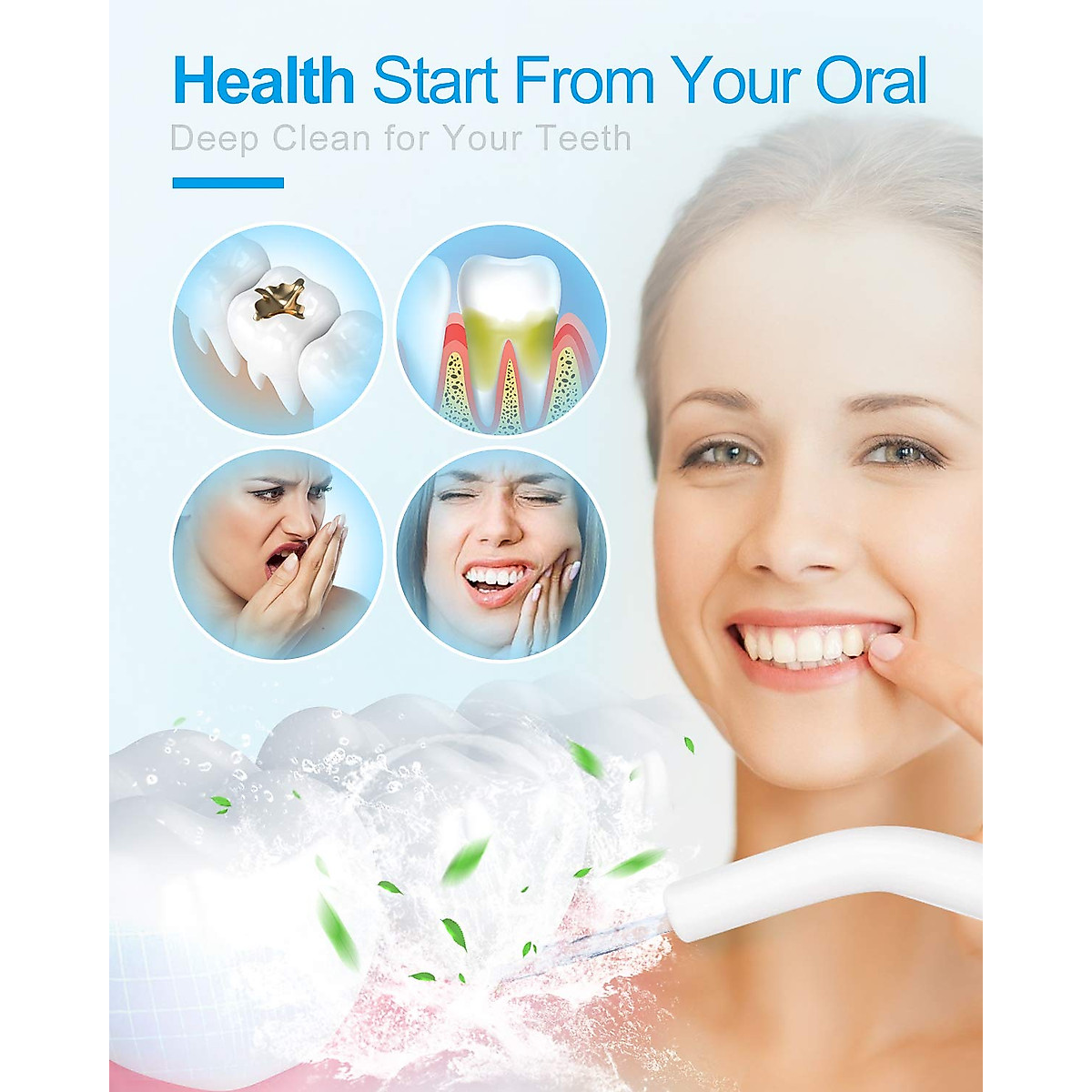 Cordless Water Flosser Teeth Cleaner, Nicefeel 300ML 2 Tip Cases Portable and USB Rechargeable Oral Irrigator for Travel, IPX7 Waterproof, 3-Mode Water Flossing with 4 Jet Tips for Home Blue